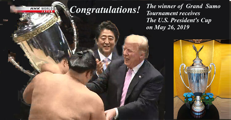 sumo-2 U.S. President Donald Trump presents a trophy to a winner