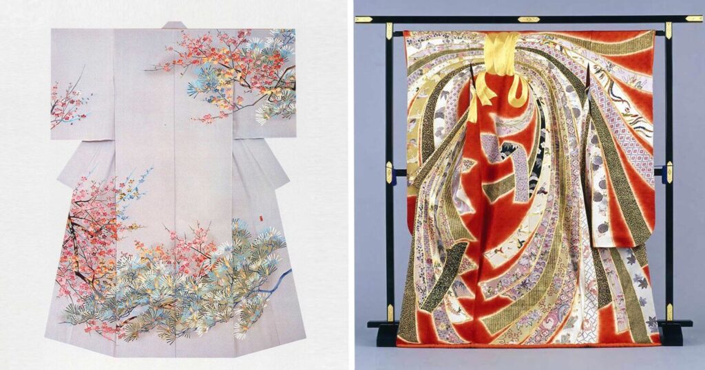 Yūzen colouful designs are painted directly on the fabric.